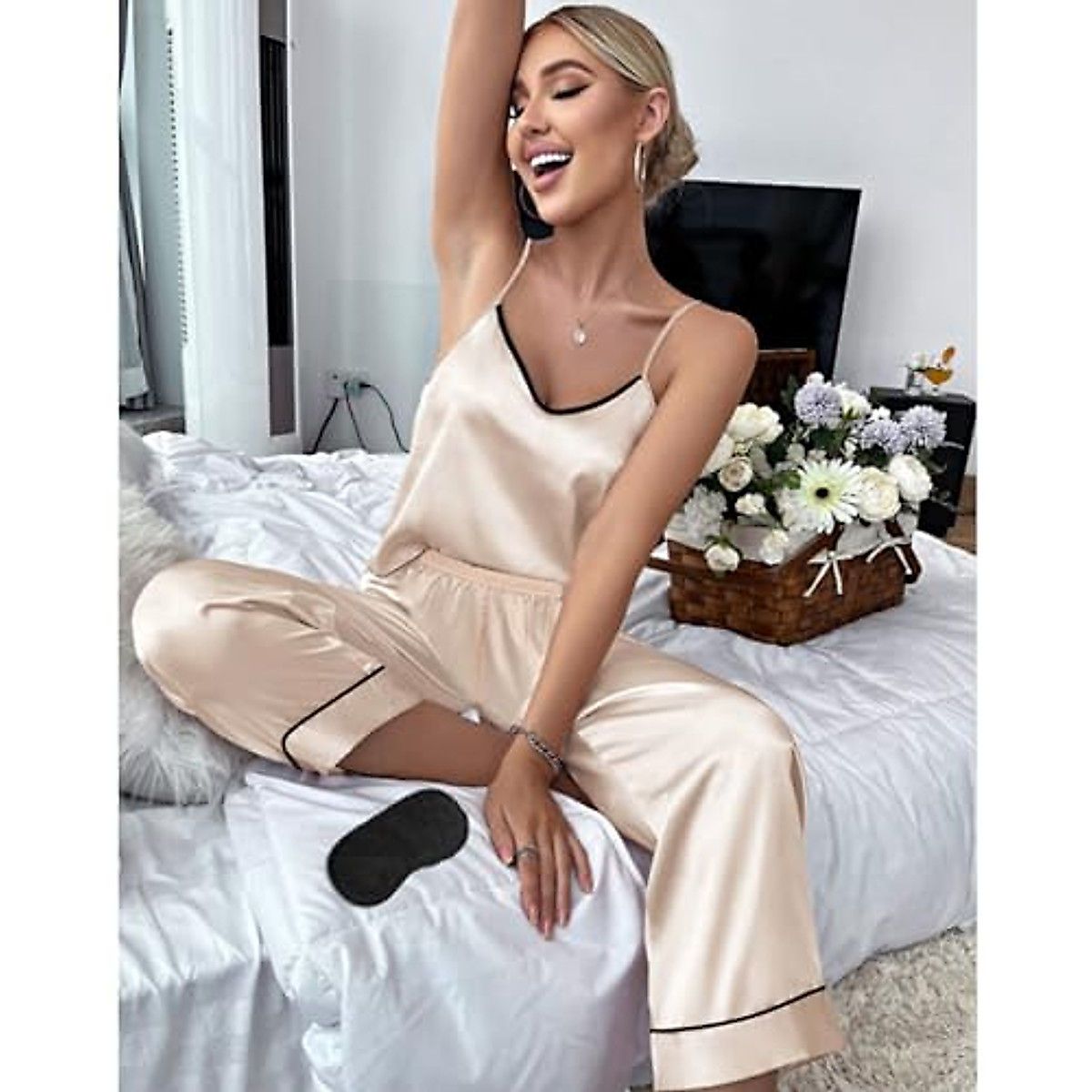 SWOMOG Womens Silk Satin Pajamas Set Two-Piece Pj Sets Cami Top and Capris Pants Sleepwear Champagne