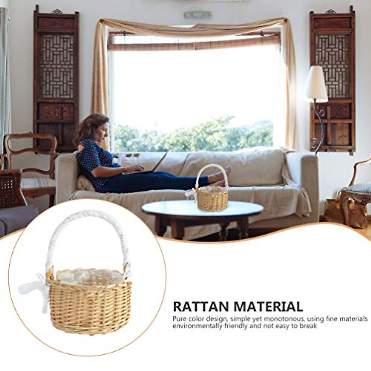 DOITOOL Wicker Rattan Flower Basket with Handle and Lace Bow, Wedding Flower Girl Baskets, Petal Basket Decorative Picnic Basket Woven Candy Storage Basket for Home Garden Decor, 7.5X5.9X5.9