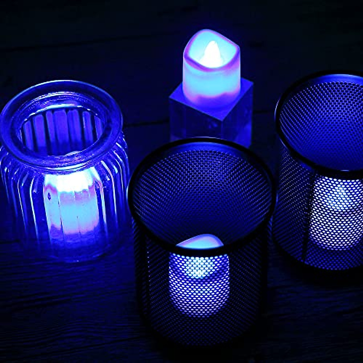 Litake Blue Light Candles, Romantic Blue LED Candles 24 pcs,Flameless White Candles with Blue Flickering Light ,Blue Tealight Votive Candles for Birthday Party Christmas Valentine Halloween Decor