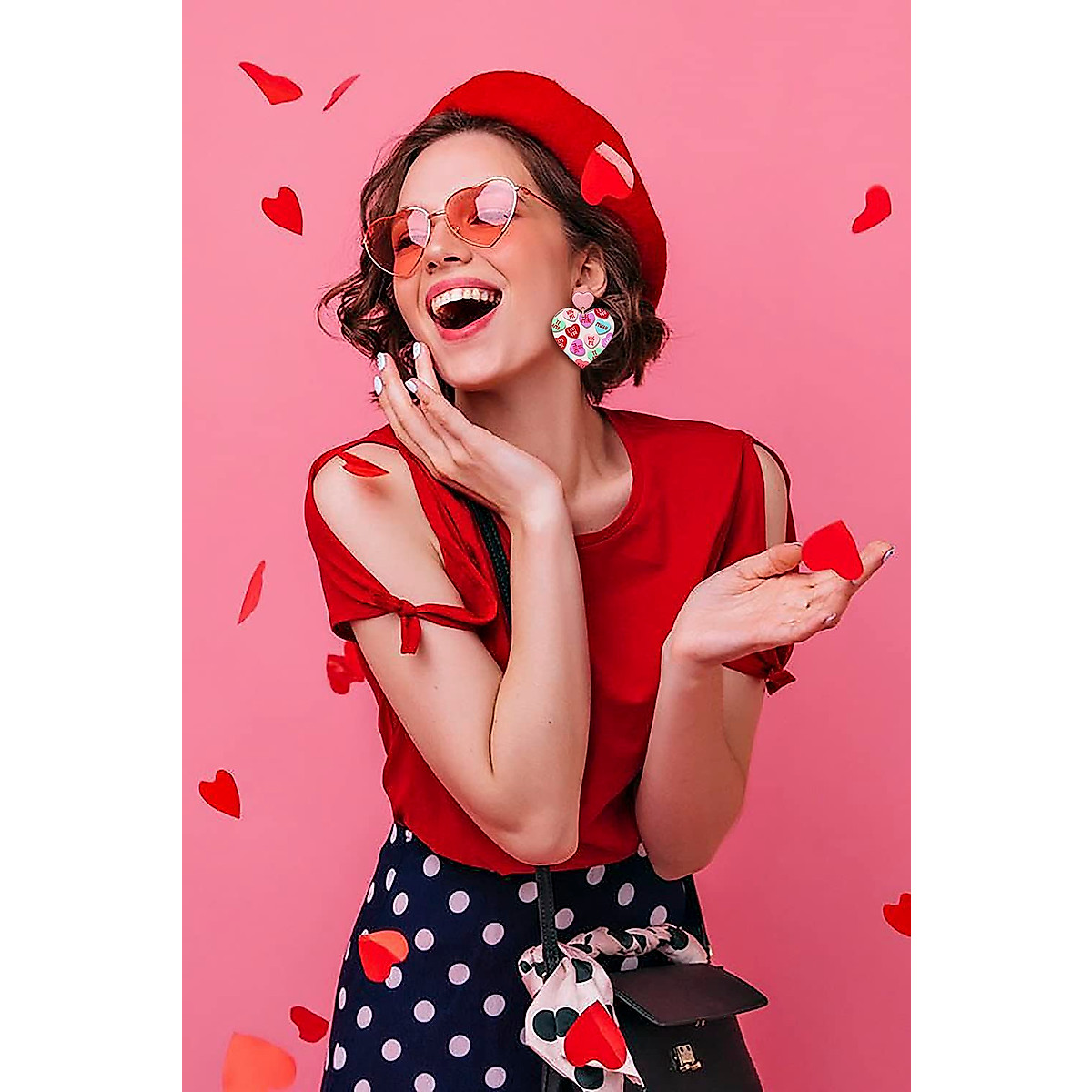 Heart Earrings Love XOXO Heart Message Printed Lucite Arch Dangle Earrings Galentines Valentines Day Gifts for Her Women