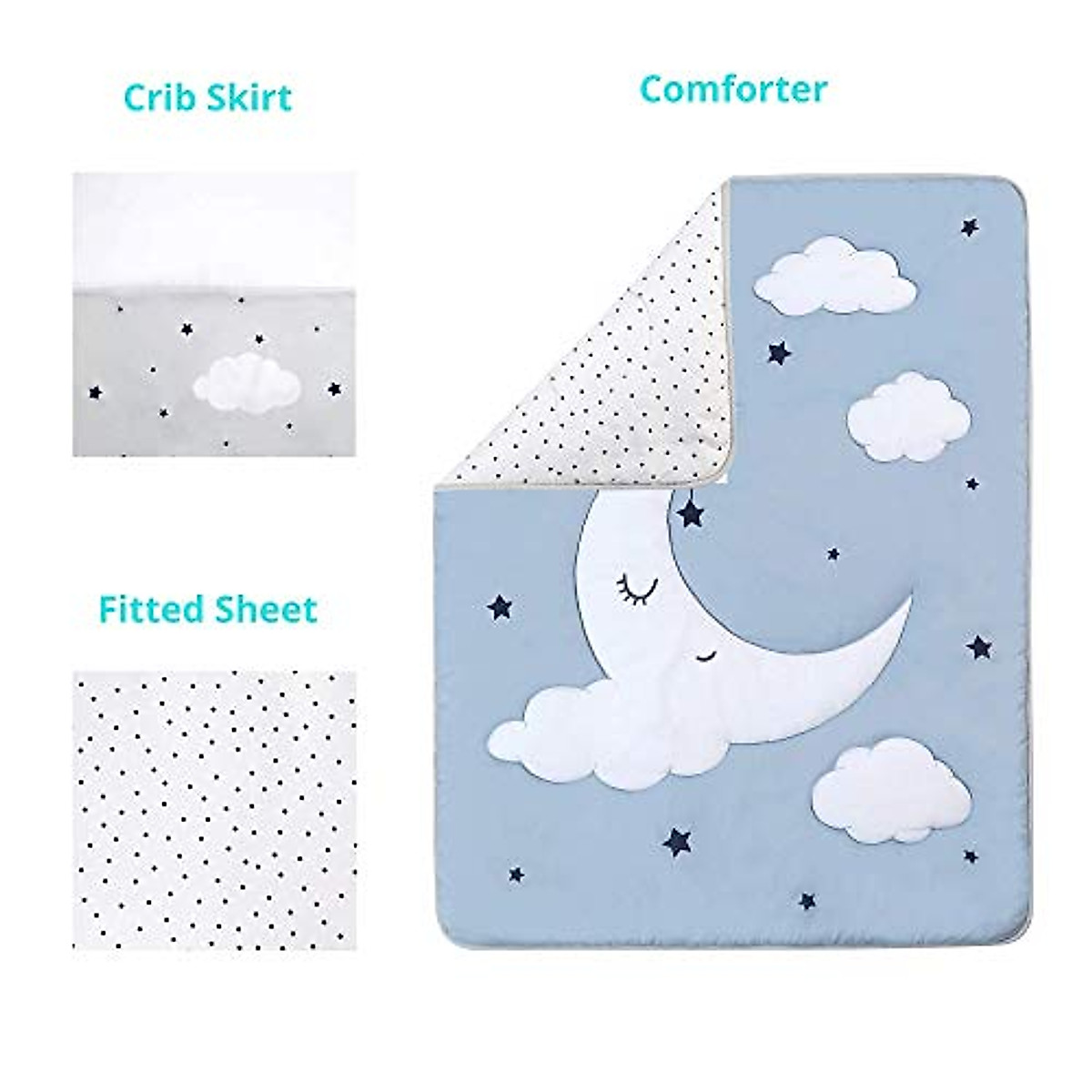 La Premura Sleeping Moon Baby Nursery Crib Bedding Set, 3 Piece Standard Size Crib Bedding Set, Blue and Grey