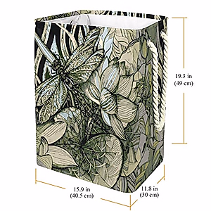 Toy Storage Basket Green Dragonfly Flower Laundry Basket with Durable Soft Handle Drawstring Waterproof Collapsible Washing Bin Dirty Clothes Storage 19.3x11.8x15.9 in