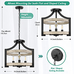 3-Light Rustic Farmhouse Pendant Hanging Light Adjustable Height Max 68in, Convertible Vintage Semi Flush Mount Ceiling Light Fixture Black Metal Chandelier White Birch Wood Finish Kitchen Dining Room