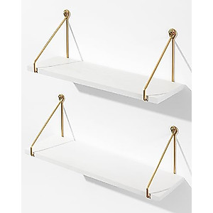 SUMGAR White Floating Shelves 16 Inch Gold Wall Mounted Floating Shelf for Bathroom Bedroom Kitchen Office Set of 2 Modern Wood Haing Shelf for Plant Book Storage and Display