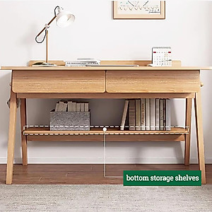 Topjia Modern Natural Wood Desk,Wood Home Office Desk with Drawers & Shelves,Writing Desk Workstation,Simple Study Desk Table Computer Desk - Only Desk(39inch, Natural)