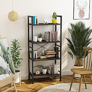 DKLGG 4-Tier Storage Shelves, Bookshelf, Wood Bookcase with Metal Frames and Standing Shelving Unit, Industrial Design Open Standing Organizer for Living Room, Bathroom, Balcony, Office, Rustic Brown