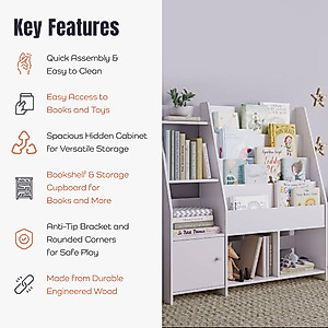 Sturdis Modern Rounded Edge Wooden Kids Bookshelf with Storage Cabinet, Book Organizer Storage Shelves for Bedrooms, Playrooms, and Nurseries, White
