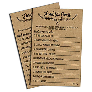 Find the Guest Game - Kraft (50-Sheets) Rustic Bridal Wedding Shower or Bachelorette Party Game, Printed Engagement Rehearsal (Large Size Sheets)