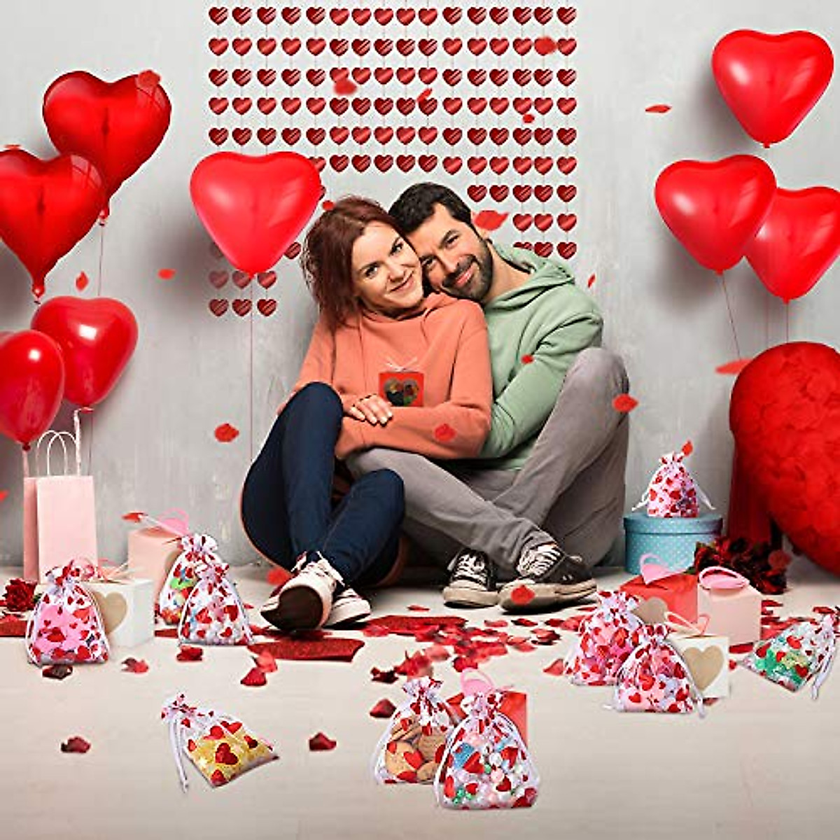 150 Pieces Valentine's Day Love Heart Organza Bags Drawstring Pouches Candy Goodies Bags Food Storage Bags for Valentine's Day Wedding Festival Party Supply, 3 x 4 Inches