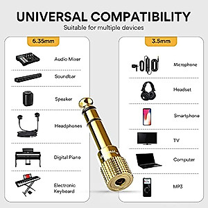 MAONO 6.35mm 1/4 Male to 3.5mm 1/8 Female Stereo Headphone Adapter Converter for Audio Interface, Mixer, Guitar, Electric Piano, Amp, AD03 (Gold Plated, 3PCS)