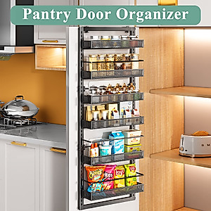 Over the Door Pantry Organizer, 6-Tier Adjustable Spice Rack, Metal Door Shelf with Detachable Guardrail, Space Saving Hanging Baskets for Kitchen Pantry Bathroom Organization Storage, Black