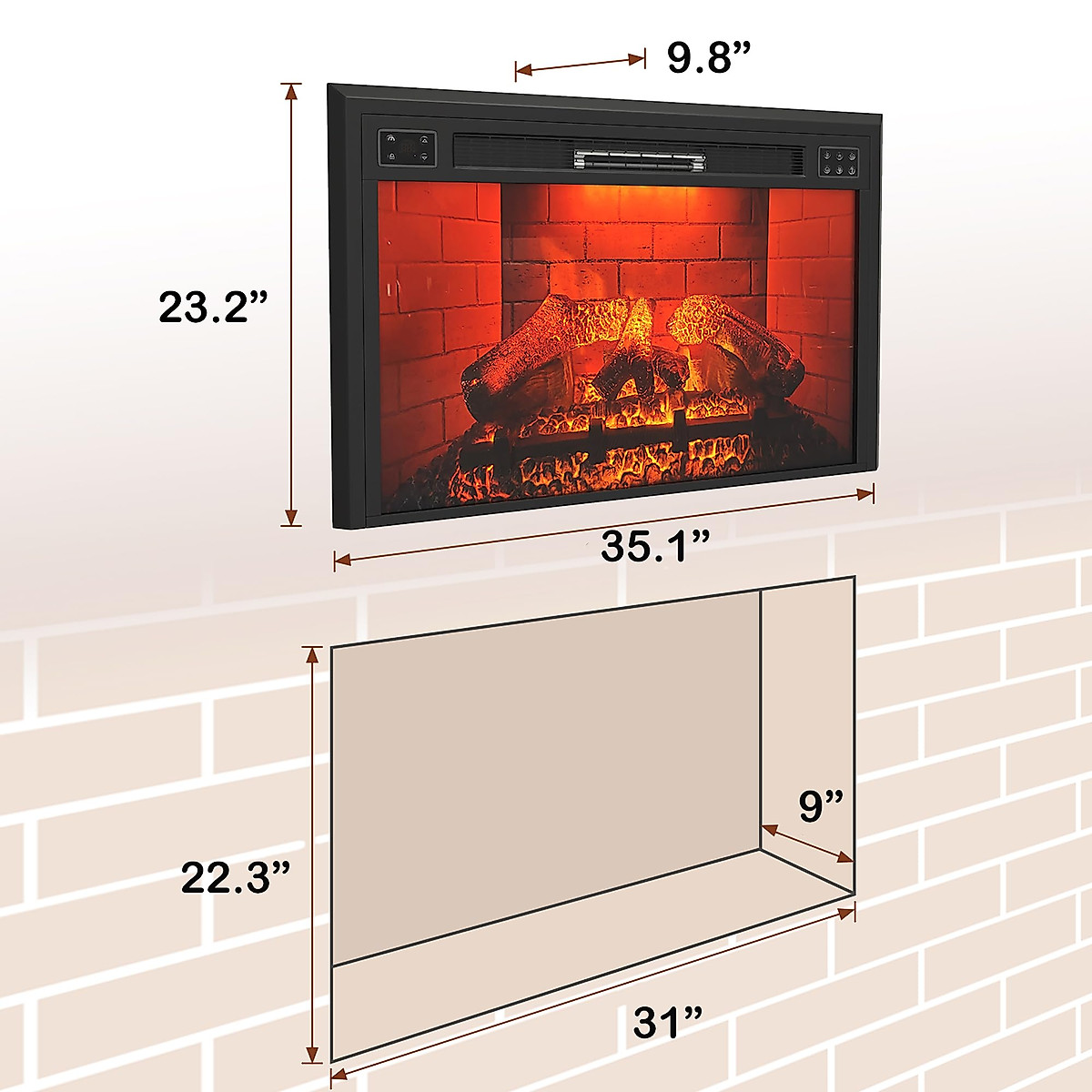 35 Inches Electric Fireplace Insert Recessed Electric Fireplace Heater with Touch Screen & Remote Control LED 1500W Adjustable 7 Flame, 8h Timer, Low Noise, Black