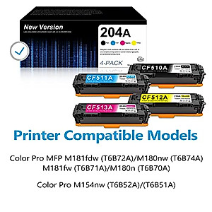 204A Black, Cyan, Yellow, Magenta Toner Cartridge (4-Pack) | Replacement for HP 204A Toner Works with Color Pro M154 Series, Color Pro MFP M180, M181 Series | CF510A CF511A CF512A CF513A