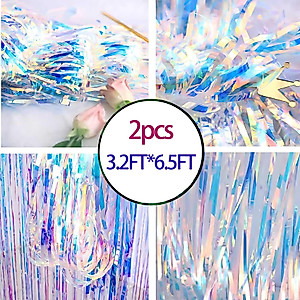 BRZIKWT 2 Pcs Iridescent Transparent Foil Curtain Tinsel Backdrop Beautiful Neon Clear Streamers Backdrops-Rainbow Photoshoot Streamers for Party Decorations(3.2 ft x 6.5 ft)