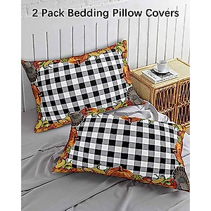 Thanksgiving Pillow Covers Standard Size Set of 2 Bed Pillow, Black White Plaid Turkey Farmhouse Pumpkin Maple Leaf Plush Soft Comfort for Hair/ Skin Cooling Pillowcases with Envelop Closure 20''x26''
