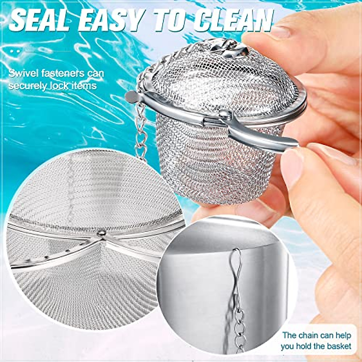 6 Pcs Ultrasonic Watch Parts Cleaner Baskets Stainless Steel Jewelry Steam Cleaner Ultrasonic Parts Cleaner Basket Mesh Ball Cleaning Small Holder with Lock Hook for Watch Cleaning Solution (Silver)