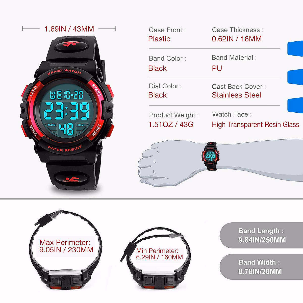 Digital Watch for Girls Ages 4-15, Kids Red Digital Sports Waterproof Outdoor Analog Electronic Watches with Alarm Stopwatch, Children Birthday Presents Gifts Toys for Age 4-12 Year Old Boys Girls