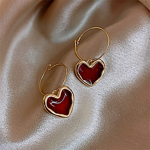 Charm Red Heart Hoop Dangle Drop Earrings for Women - Small Enamel Heart Huggie Earrings for Jewelry (Red Hoop)