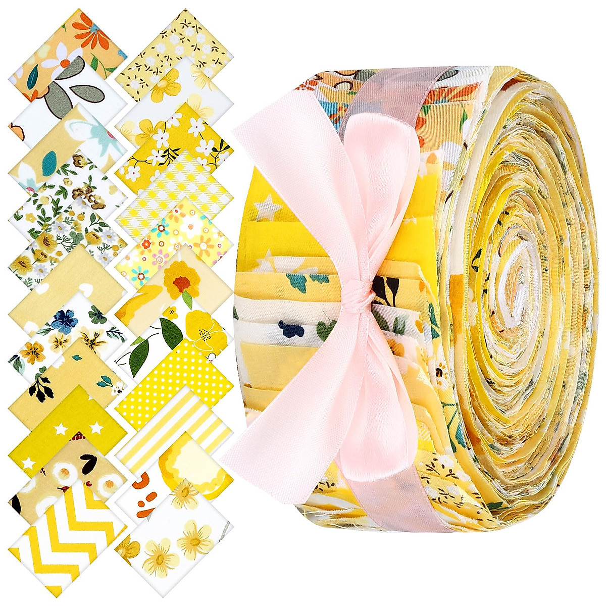 Kingdder 70 Pcs Floral Cotton Fabric Patchwork Roll 2.55 x 39.4 Inch Cotton Quilting Fabric Roll up Cotton Fabric Quilting Strips Precut Patchwork Roll for Craft Sewing DIY Crafts (Yellow Flower)