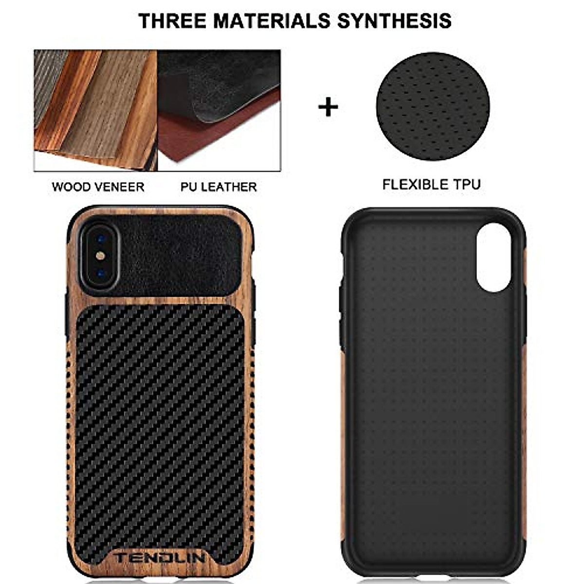 TENDLIN Compatible with iPhone Xs Max Case Wood Grain with Carbon Fiber Texture Design Leather Hybrid Slim Case Compatible with iPhone Xs Max