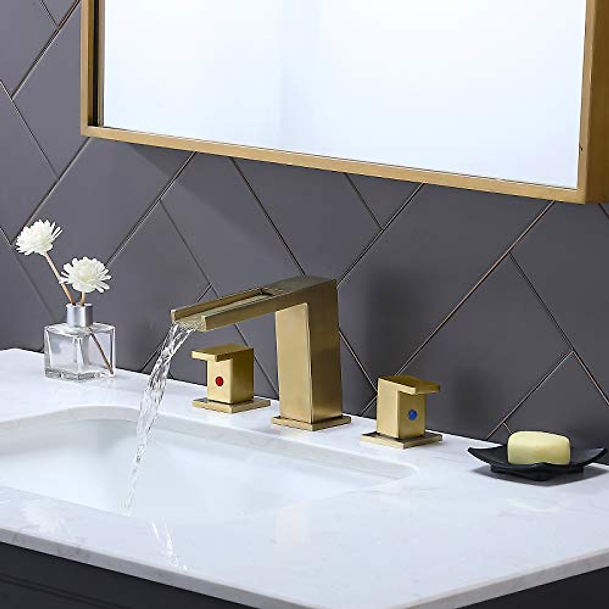 Ufaucet Modern Commercial 2 Handle 3 Hole Widespread Brushed Gold Waterfall Bathroom Faucet,8 inch Bathroom Vanity Sink Faucet with Hoses and Pop Up Drain