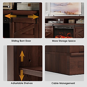 JUMMICO Fireplace TV Stand for 65+ Inch TV with 26'' Fireplace Entertainment Center with Storage Cabinet and Adjustable Shelves, Media Console with Sliding Barn Door for Living Room (Brown)