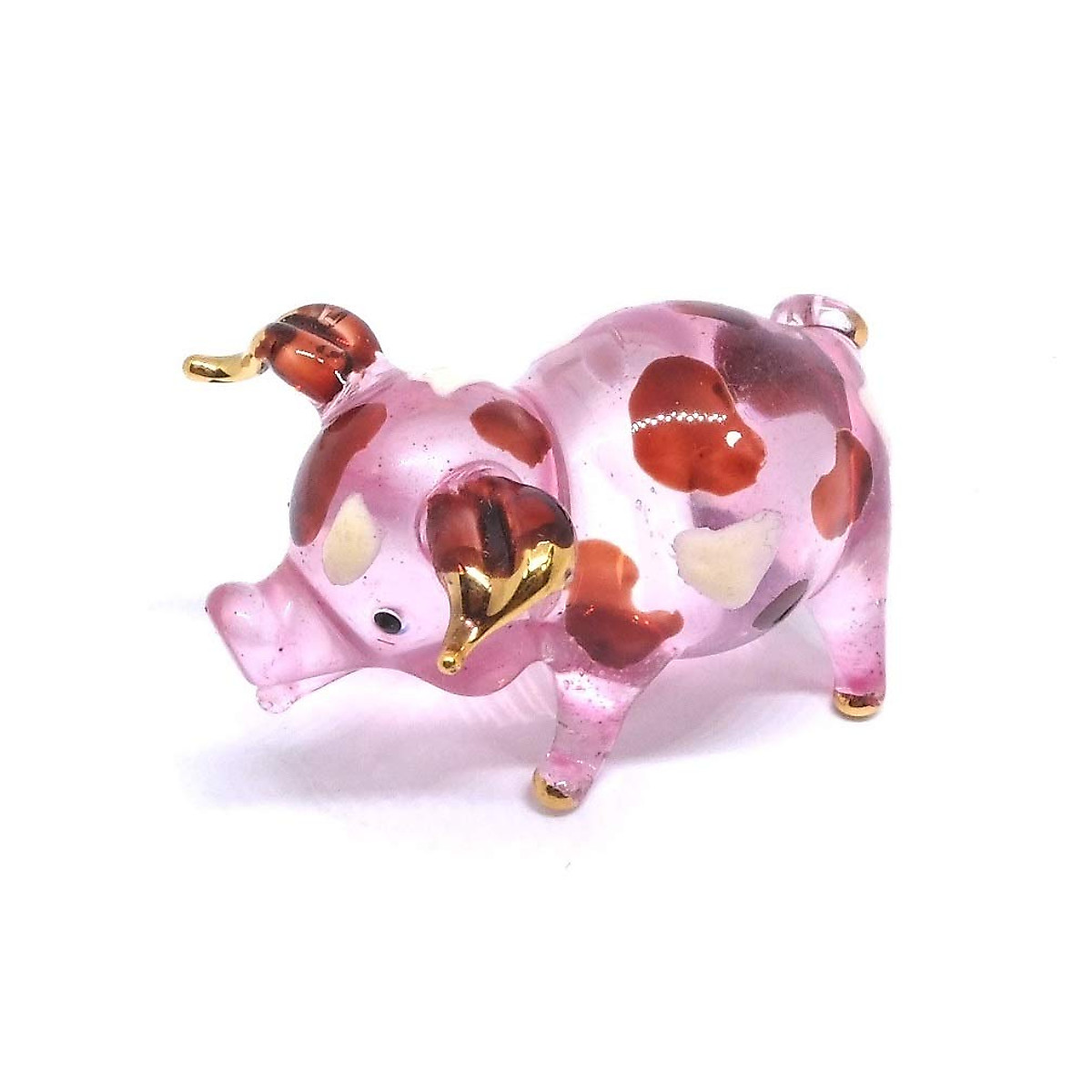 Handmade Mini 2" Blown Glass Pig Figurine, Pink with 22K Gold Accents, Gift Ideas, Fantasy Cool Stuff Decor No.2