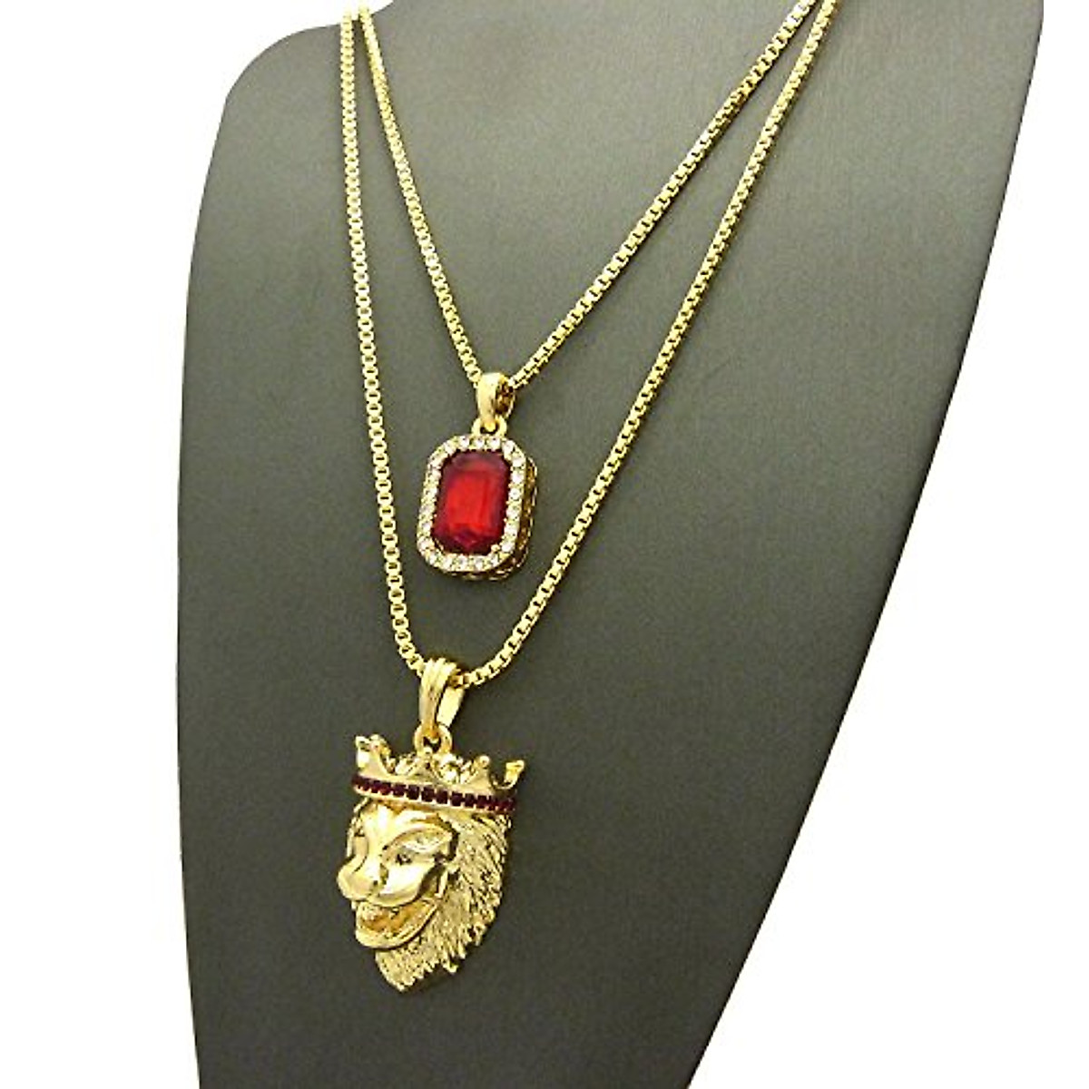 Gold Tone Micro Colorful Gemstone King Crown Lion Head Pendant 2mm 24", 30" Box Chain 2 Necklace Set (Gold + Red)