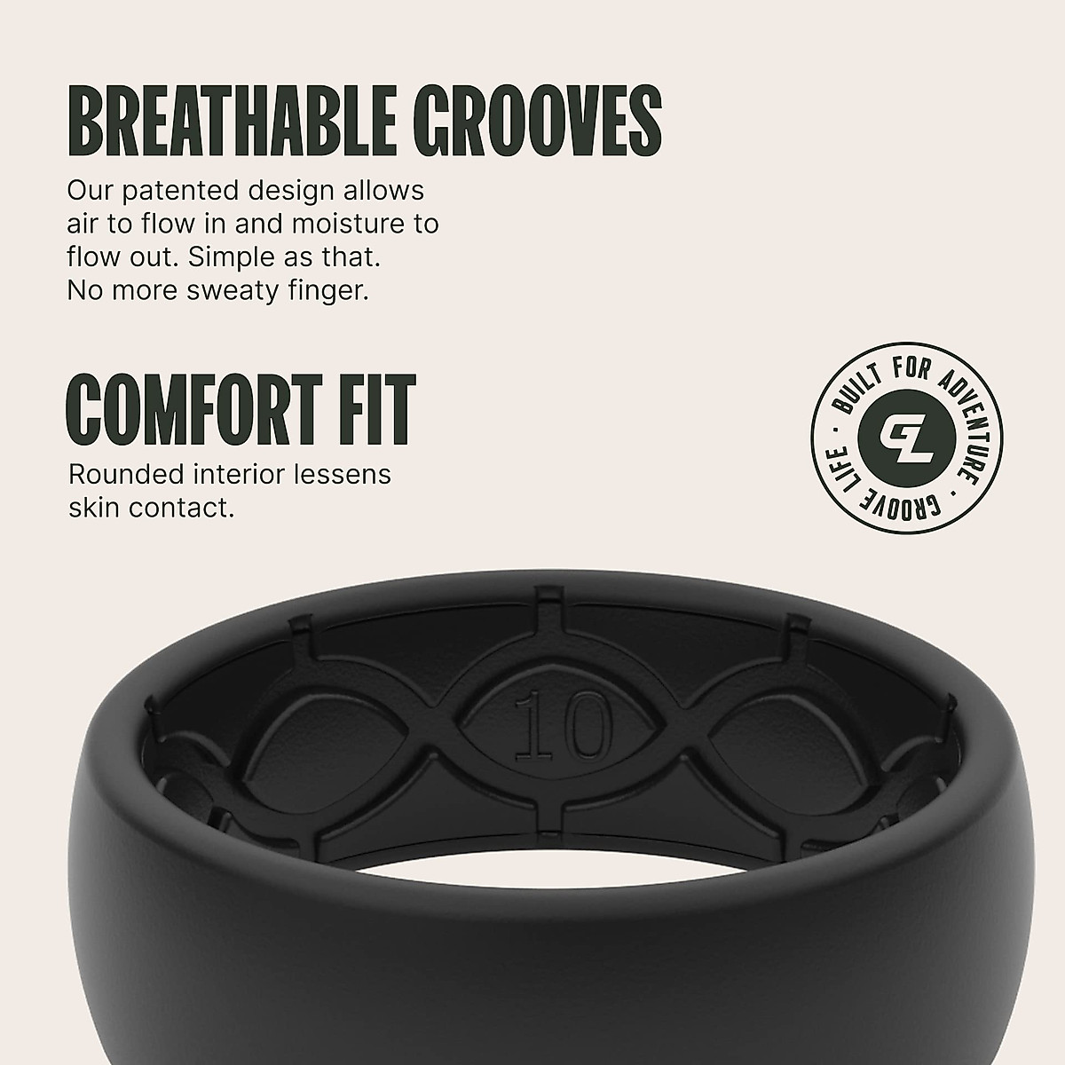 Groove Life Solid Black/Black Ring - Breathable Silicone Wedding Rings for Men, Lifetime Coverage, Unique Design, Comfort Fit Ring - Size 12