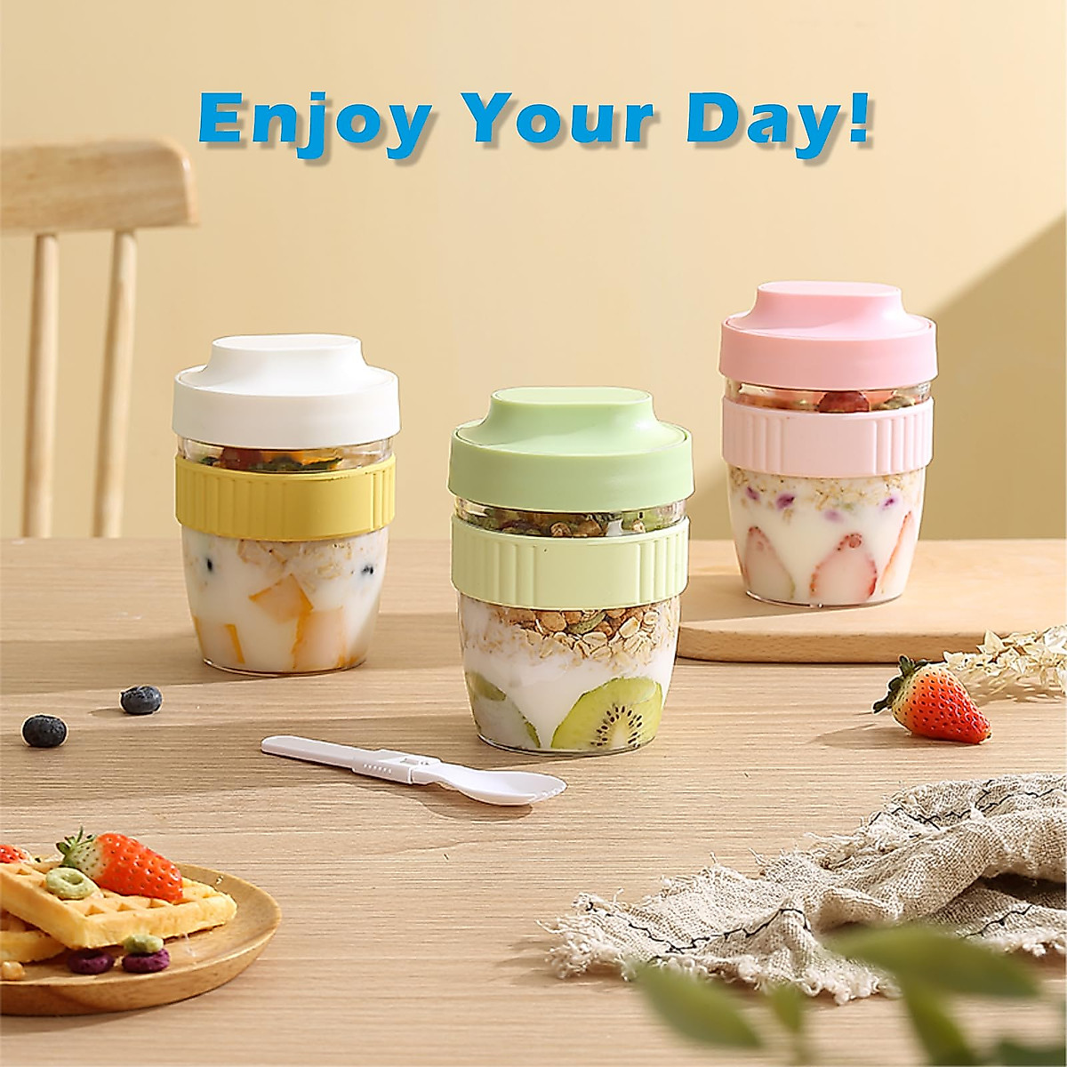 daasigwaa Breakfast On The Go Cups, Overnight Oats Containers With Lid And Folding Spoon, Take And Go Yogurt Cereal Snack Parfait Salad Containers For Lunch, Fruit & Vegetable Jar, 20 oz(Pink)