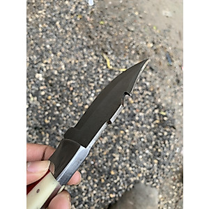 NUSHBA 012 Handmade Damascus Gut Hook Skinning Hunting Knife With Cow Brown Leather Sheath- Best Damascus Steel American Flag Handle Hunting Knife