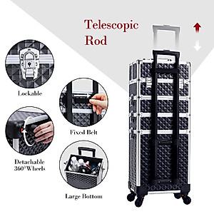 Adazzo 4 in 1 Rolling Makeup Case Cosmetic Train Case Trolley Roll Travel Box for Makeup Artist, Hairstylists, Nail Tech Makeup Cart with Key Swivel Wheels Barber Case Traveling Trunk Black