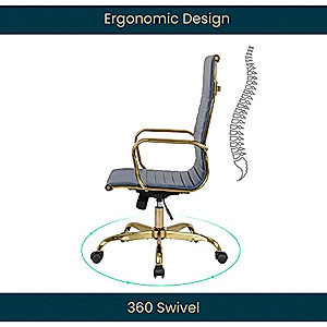 LeisureMod Harris Modern Adjustable Swivel Leather High-Back Task Office Chair with Gold Frame, Navy Blue