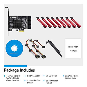 SupaHub SATA Card 8 Port, Non Raid SATA Expansion Card for SATA III 6G Hard Drives for Desktop, Includes 8 SATA Cables and 2 SATA Splitter Cables