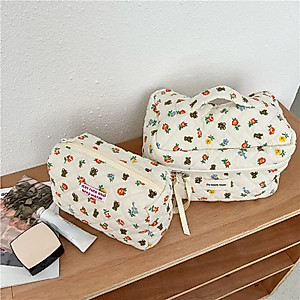 Donloise Kawaii Makeup Bag Cosmetic Case Cute Floral Storage Organizer with Handle Aesthetic Cartoon Zipper Toiletry Bag (Large)