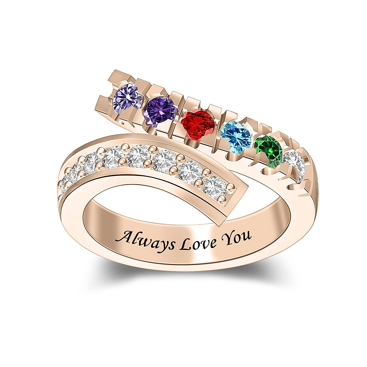 BAUMA AUTO Personalized Birthstone Rings for Mom, Mothers Rings with 1-6 Birthstones & Engraving Text Family Custom Birthstone Ring for Women Wife Daughter (5 Birthstones)