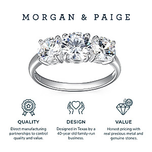 MORGAN & PAIGE Round Cut Cubic Zirconia Ring - Prong-Set Three Stone Engagement Ring/Promise Rings For Women With Real 925 Sterling Silver Band - Size 7