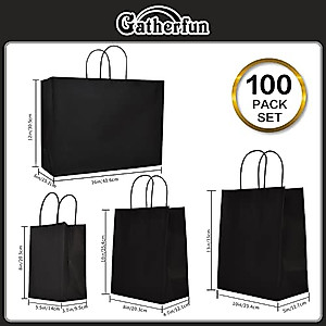 100PCS Black Kraft Paper Bags with Handle, Assorted 4 Size, Shopping Bags, Retail Bags, Party Favor Bags with Handles，25 Bags Per Size, 5.5”x3.75”x8” & 8”x4.75”x10” & 10”x5”x13” & 16”x6”x12”