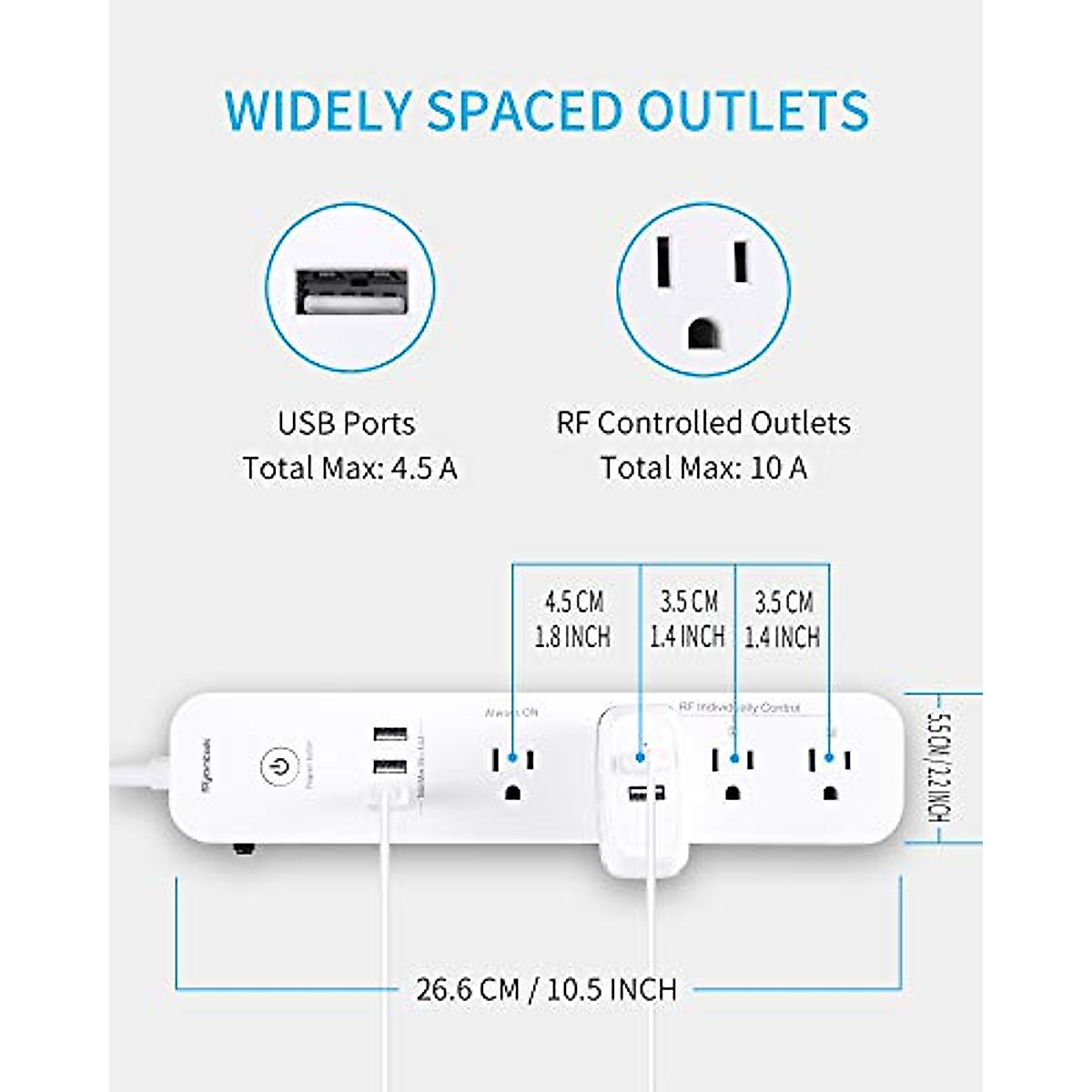 Syantek Remote Control Power Strip with 3 USB Ports, 3 RF Controlled Outlets, 5 FT/1.5 Meter Long Extension Cord, White Power Strip, 10A/1250W for Household and Workstation Appliances