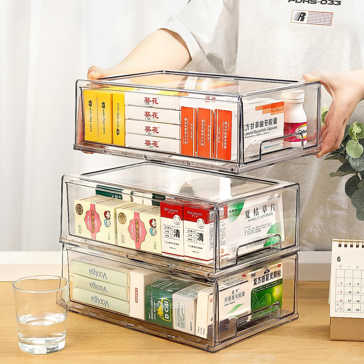 2 pack clear Drawer Plastic stackable Storage Box Bins Organizer，Medicine Container,Family First Aid Kits Medicine cabinet Box,Closet ，Shelf，Ointments, Adhesive Bandages，Cosmetics,Office Items