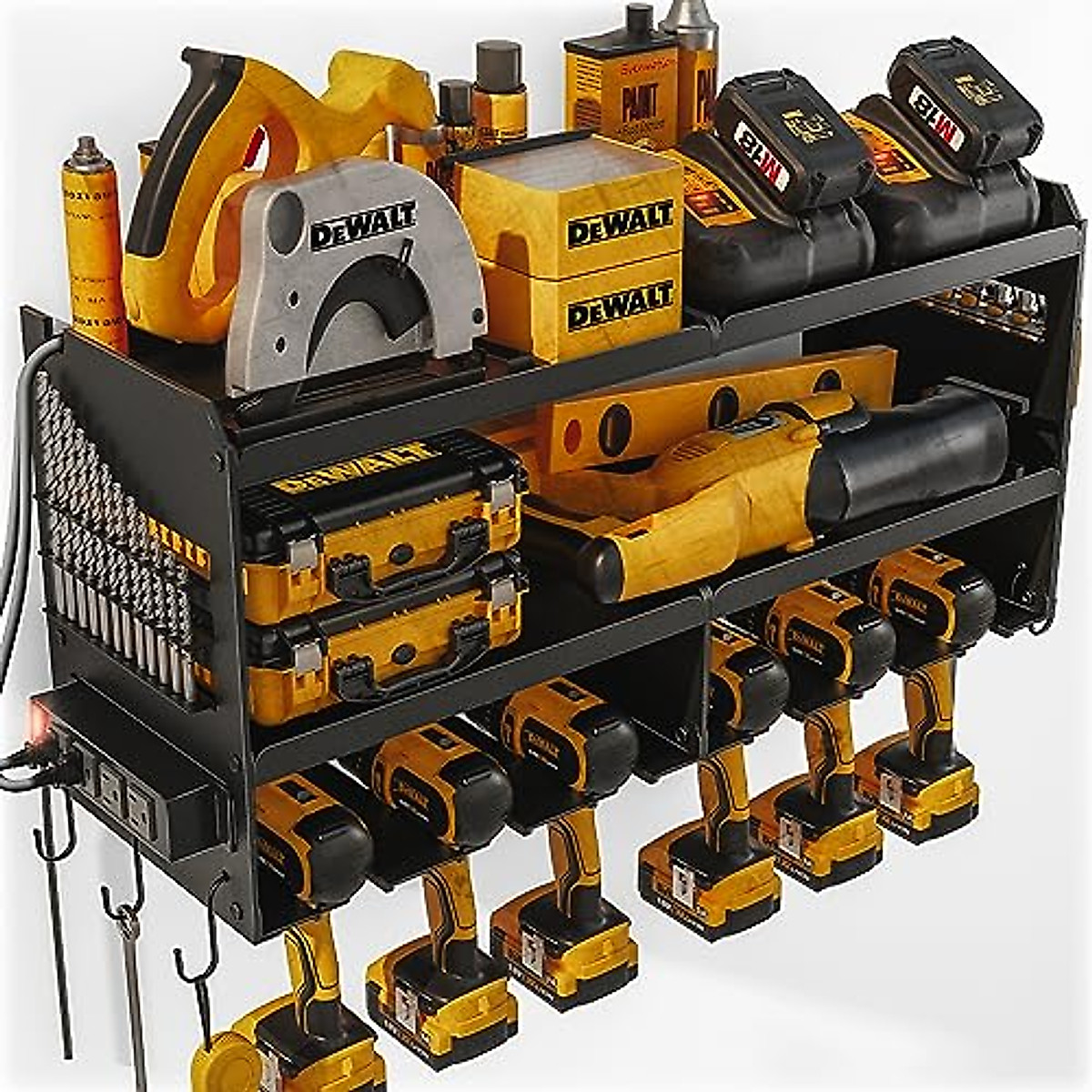 Power Tool Organizer Wall Mount with Charging Station, Garage Tool Shelf 6 Drill Holders, Tool Battery Holder with Screwdriver Heavy Duty Rack, Tool Storage Rack with 4 Outlet Power Strip