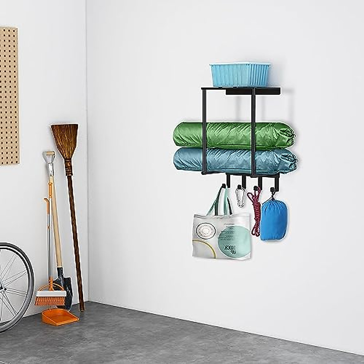 Camping Chair Storage, Metal Camping Chair Holder for Garage with 4 Hooks, Beach Chair and Umbrella Wall Storage Rack, Black