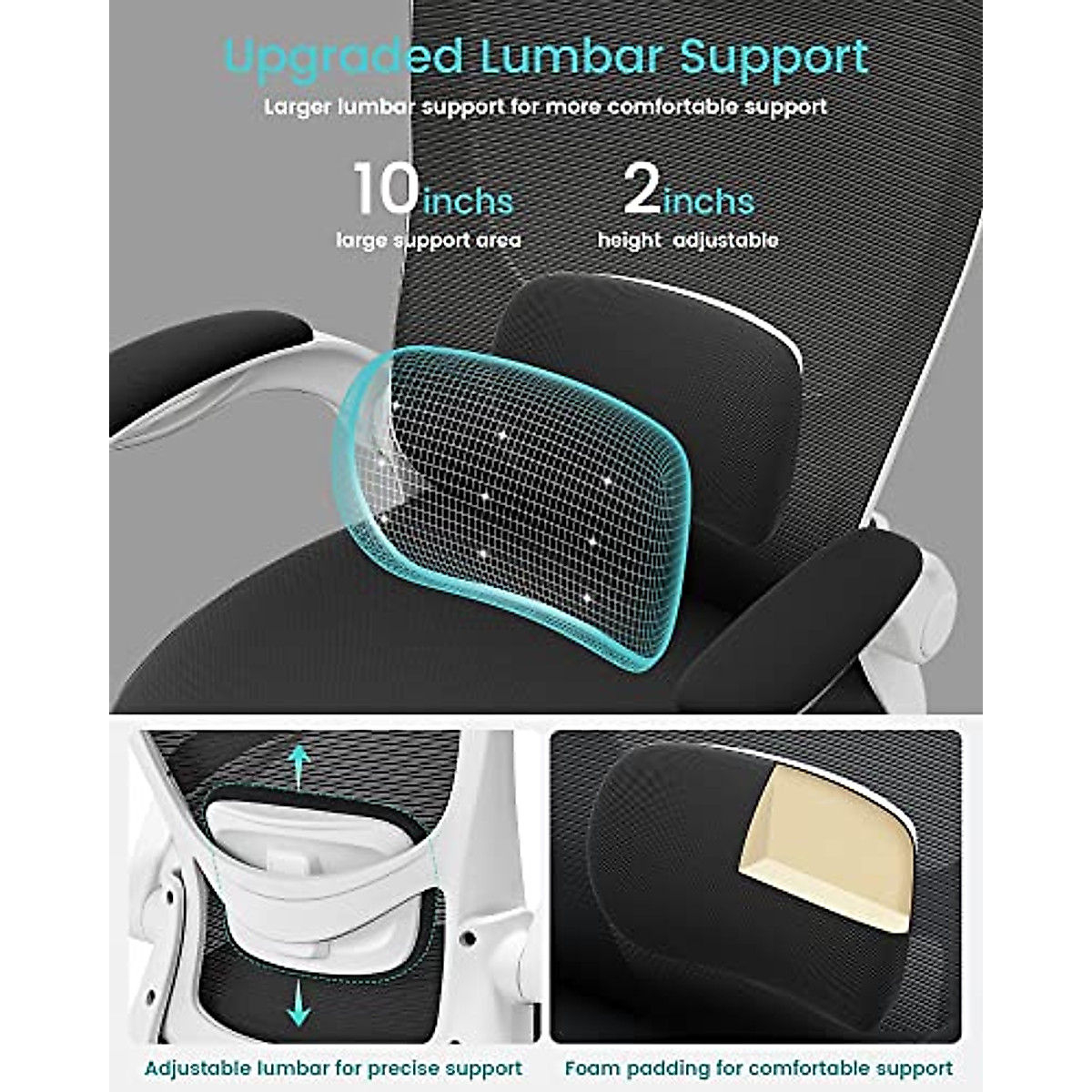 MUXX.STIL Office Chair, Ergonomic Desk Chair with Adjustable Lumbar Support and Flip up Armrest, Breathable Mesh Computer Chair for Home Office, White