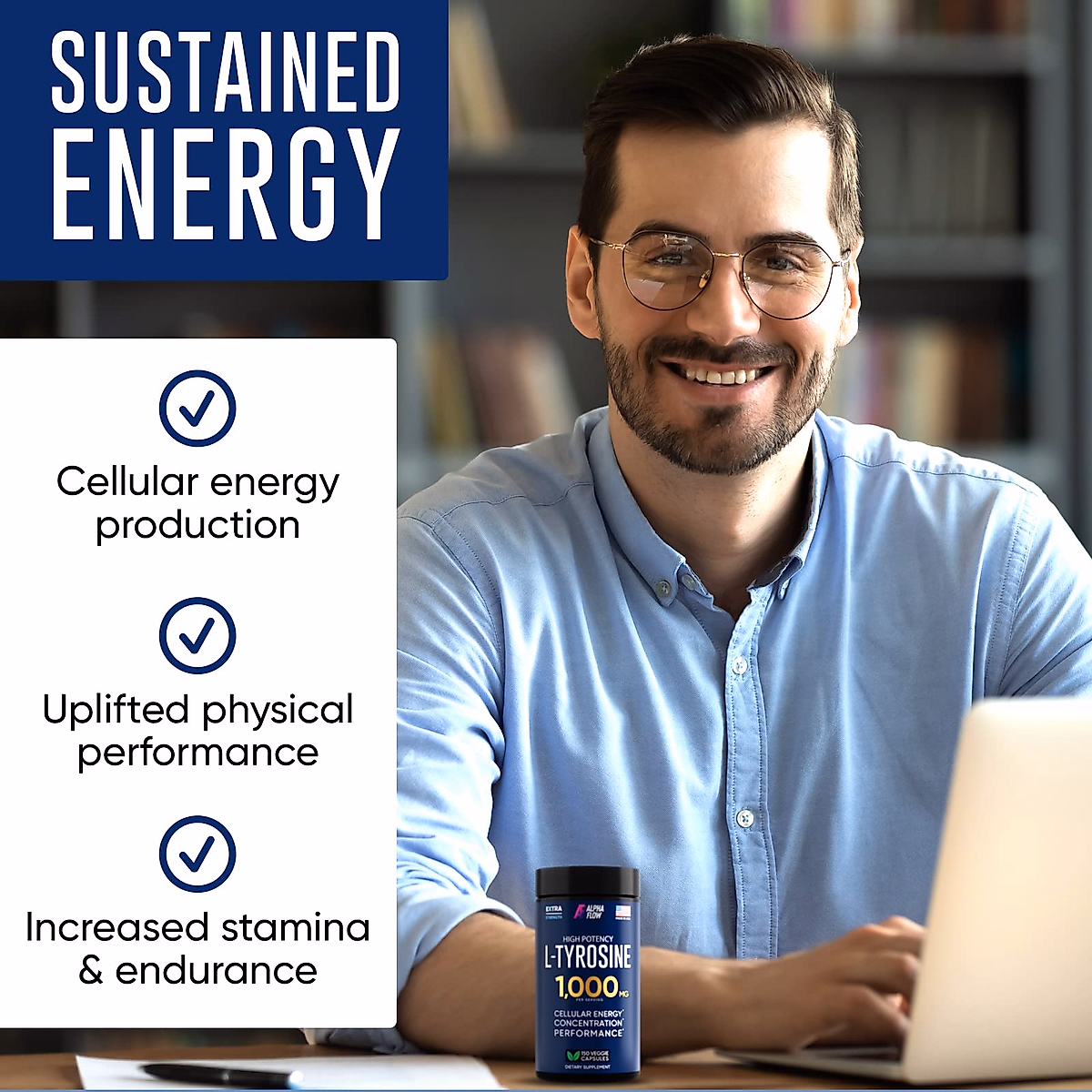 L Tyrosine 1000MG Capsules - All-Natural L- Tyrosine Supplement for Focus & Energy Boost - Non-GMO & Gluten-Free - Vegan 150 Caps -500mg x 2 per Serving