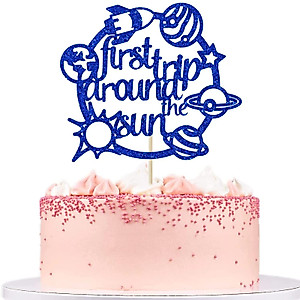 CHANGCAO First Trip Around The Sun Cake Topper Happy Birthday Toppers for Outer Space Theme Party Decorations Baby 1st Birthday, One Year Old Supplies Rocket Galaxy Planet Kids blue flash