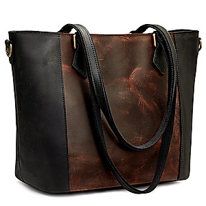 S-ZONE Women Vintage Genuine Leather Tote Bag Shoulder Handbag Crossbody Purse Two Tone