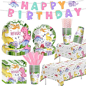 Srua Don Dinosaur Birthday Party Supplies Girl - Dinosaur Party Decorations Tableware, Paper Plate, Cup, Napkins, Tablecloth, Cutlery, Banner, Pink Dinosaur Birthday Baby Shower Decorations | Serve 24