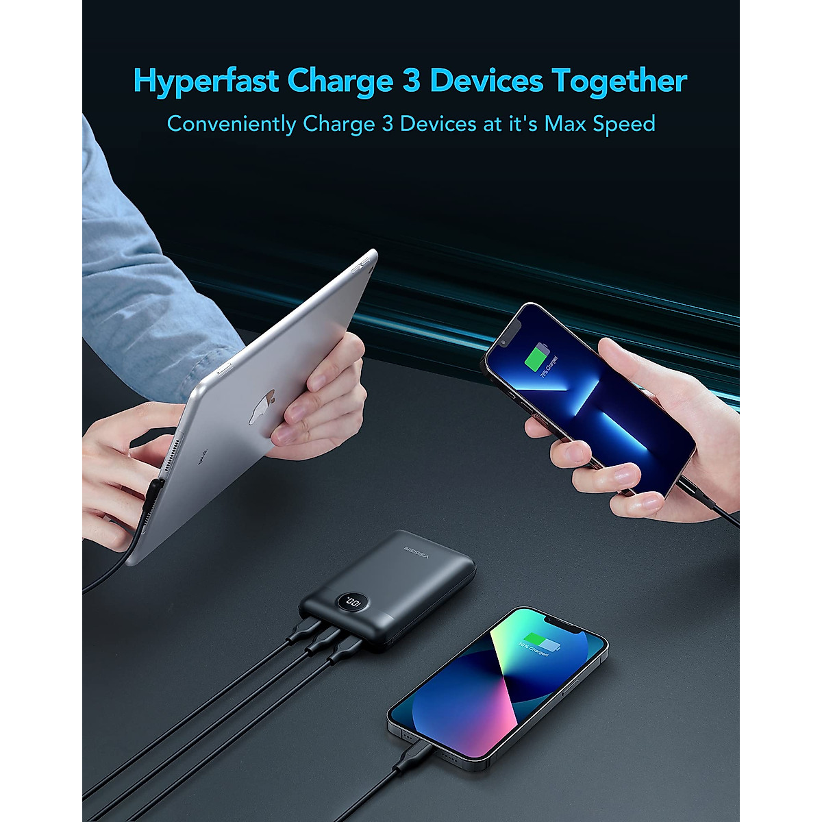 VEGER 20000mAh Mini Quick Charge Power Bank 20W PD 18W QC 3.0 USB C Battery Pack with LED Display 3 Outputs 2 Inputs Compatible with iPhone 13/12/11, Samsung,Tablet and More (Black) (20000mAh)