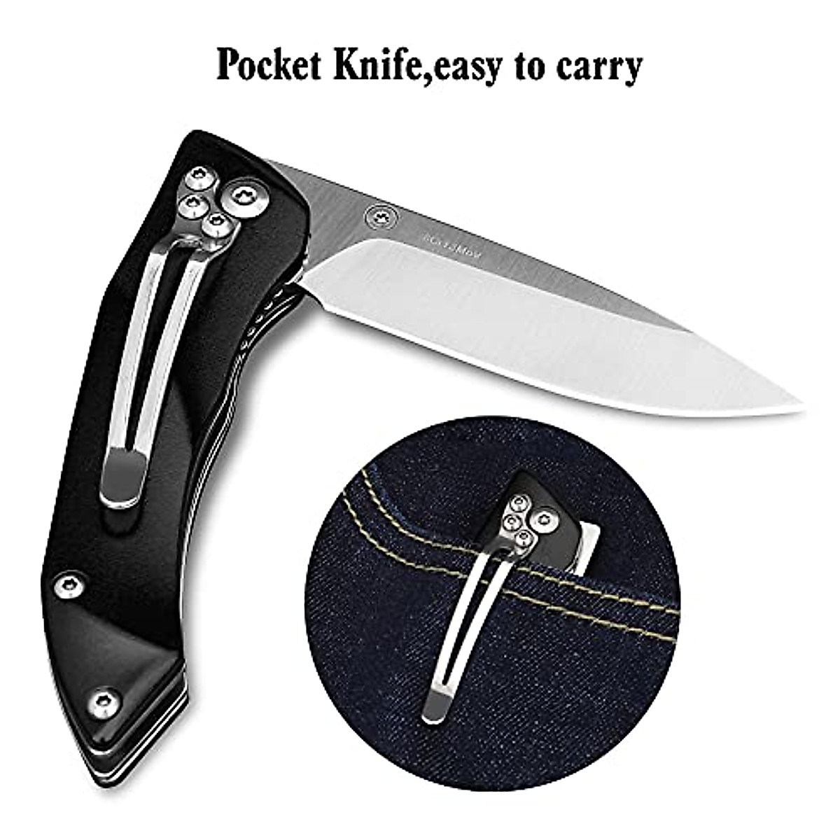 Black Folding Pocket Knife, 8cr13mov Stainless Steel Blade, Lightweight Aluminum Handle, Safety Liner-Lock, Belt Clip, Perfect for Camping, Hunting, Hiking, and Every Day Carry
