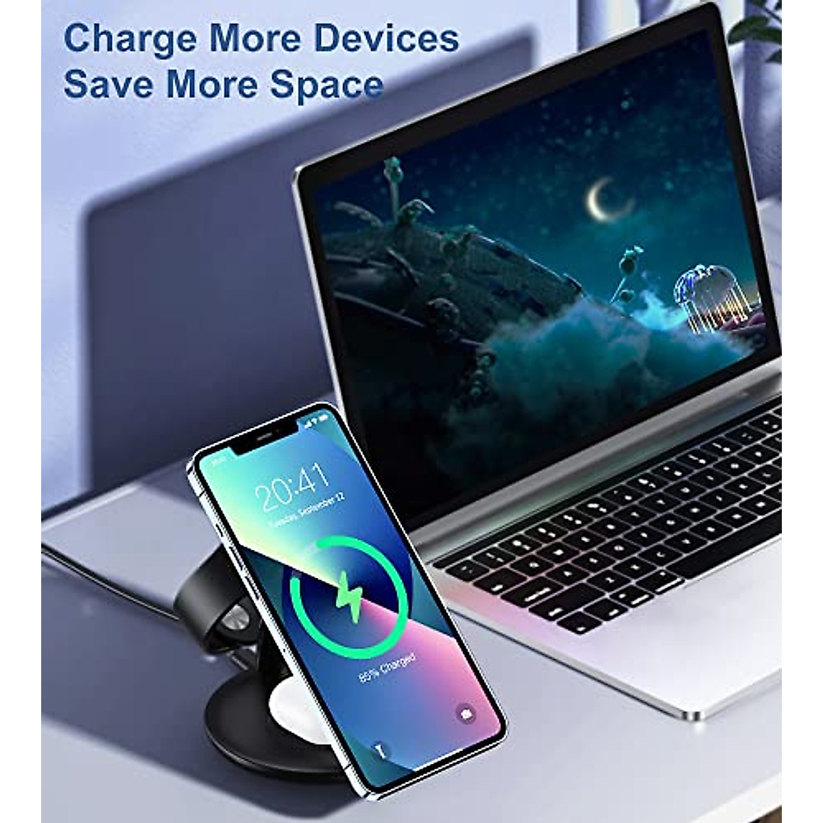 3 in 1 Magnetic Wireless Charging Station for iPhone 14/13/12, 15W Fast Wireless Mag-Safe Charger Stand with QC3.0 Adapter, for iPhone 14 13 12 Pro Max/Pro/Mini,Apple Watch 7/SE/6/5/4/3/2, AirPods Pro